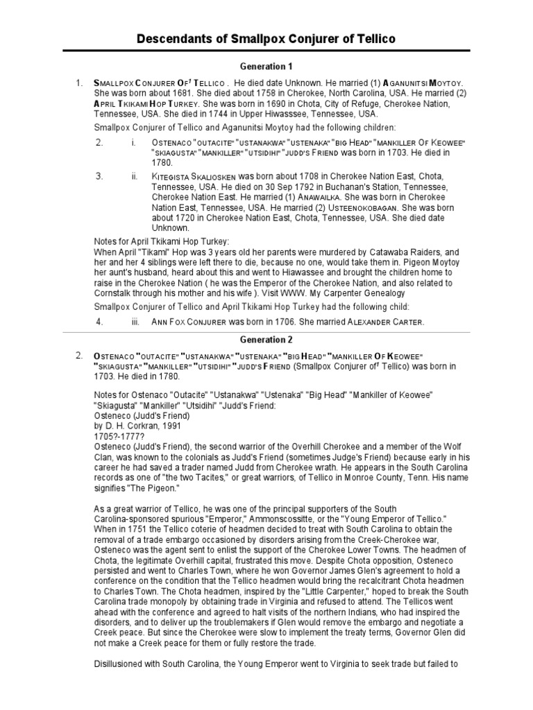 Descendants of Smallpox Moytoy of Tellico | PDF | Cherokee Tribe ...