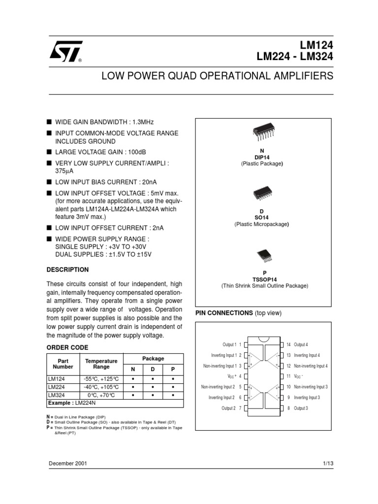 Low Power Quad Operational Amplifiers: LM124 LM224 - LM324 | PDF ...