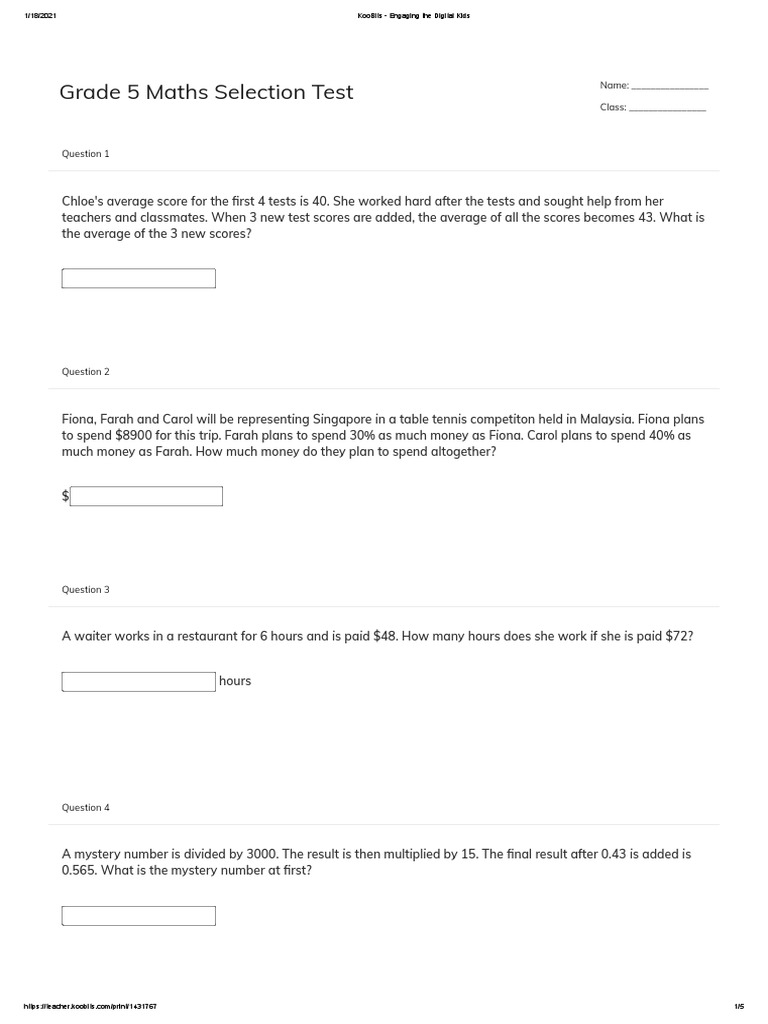 Grade 5 Maths Selection Test: Name: - Class | PDF | Euclidean Geometry ...