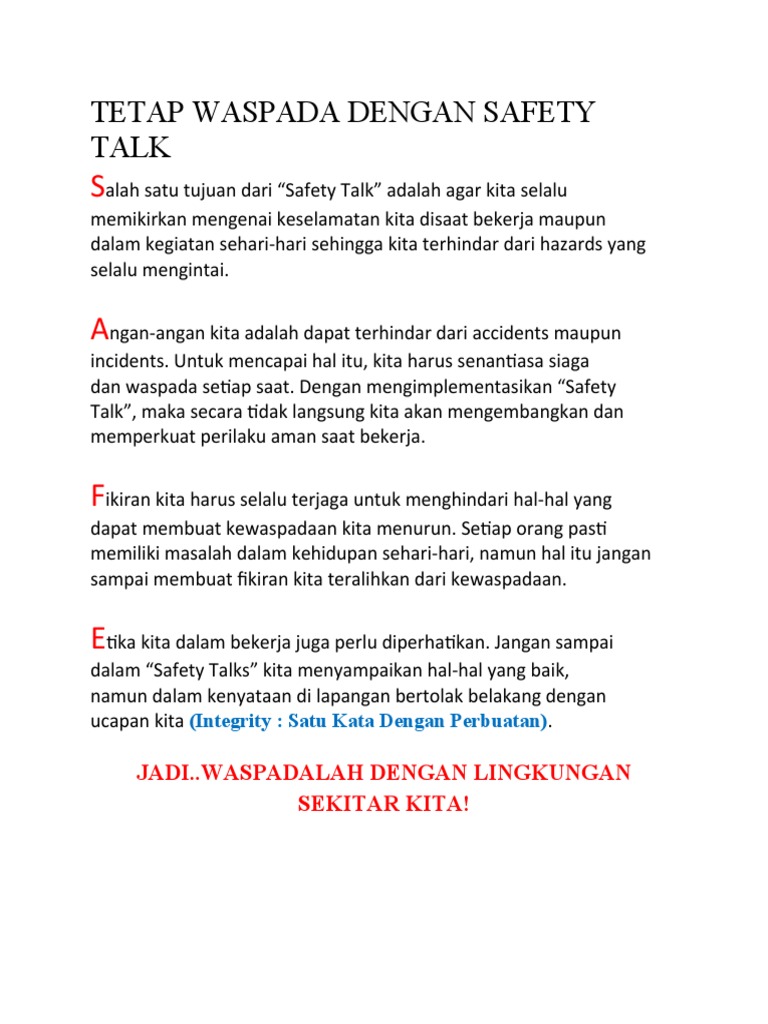 Tetap Waspada Dengan Safety Talk | PDF