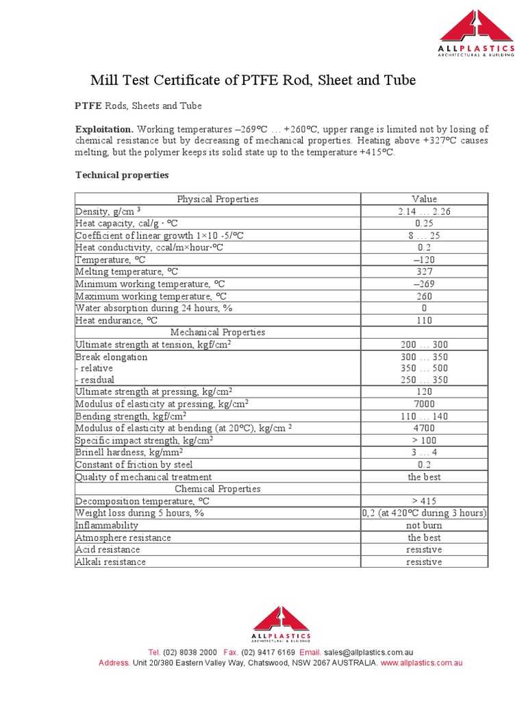 PTFE Rod, Sheet, and Tube Specifications | PDF | Temperature | Strength ...