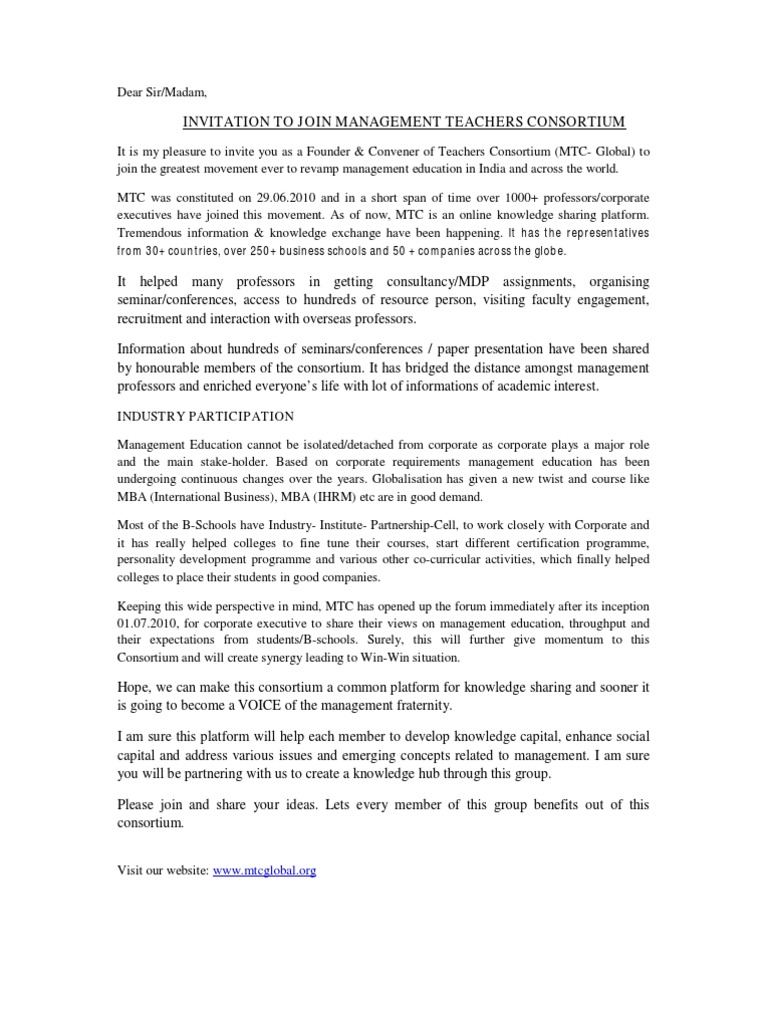 Invitation To Join Management Teachers Consortium: Industry ...
