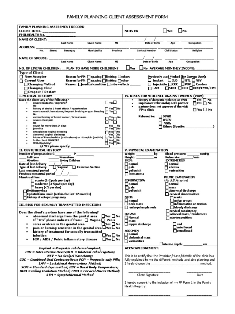 Family Planning Client Assessment Form | PDF | Vagina | Menstruation