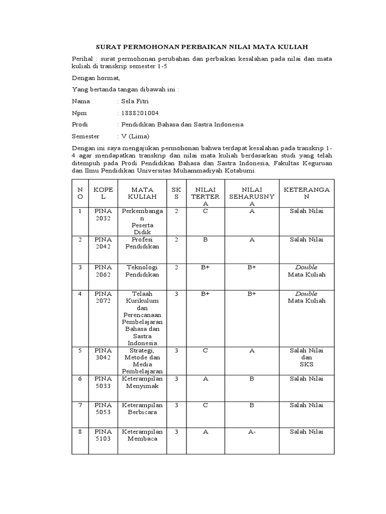 Surat Permohonan Perbaikan Nilai | PDF