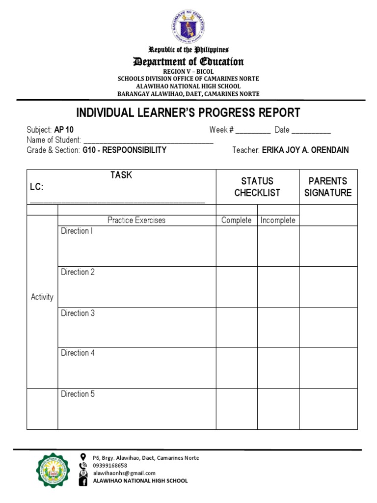 Individual Learners Progress Report MAM ERIKA | PDF | Educational Psychology | Applied Psychology