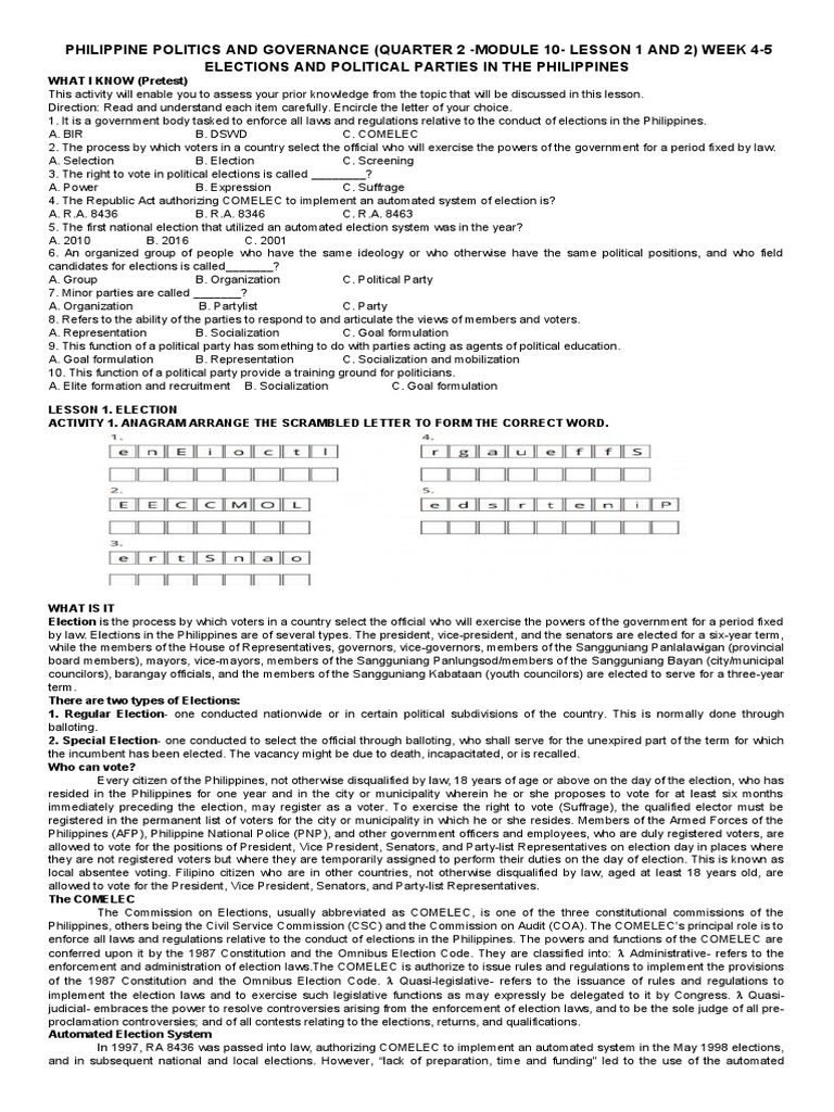 Module 10 Q2-Elections and Political Parties in The Philippines | PDF ...