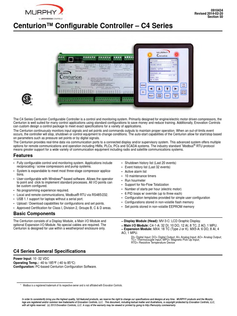 Centurion C4 Data Sheet | PDF | Usb | Programmable Logic Controller
