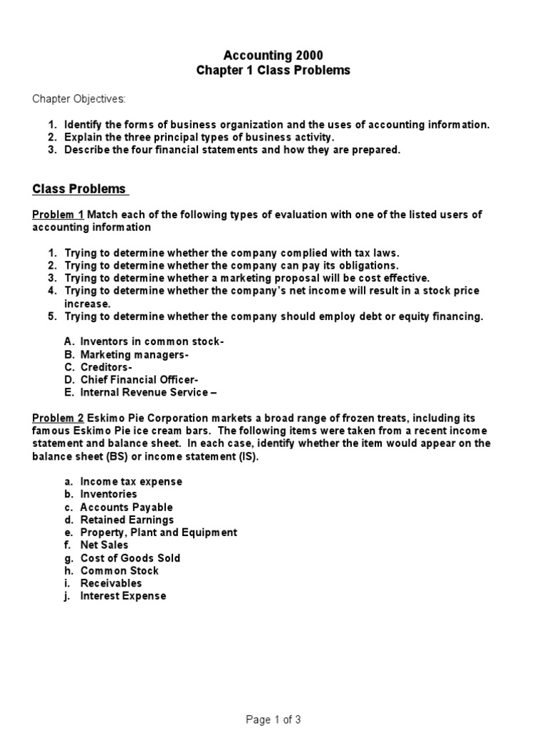 Chapter 1 Class Problems Pdf Retained Earnings Balance Sheet 1338