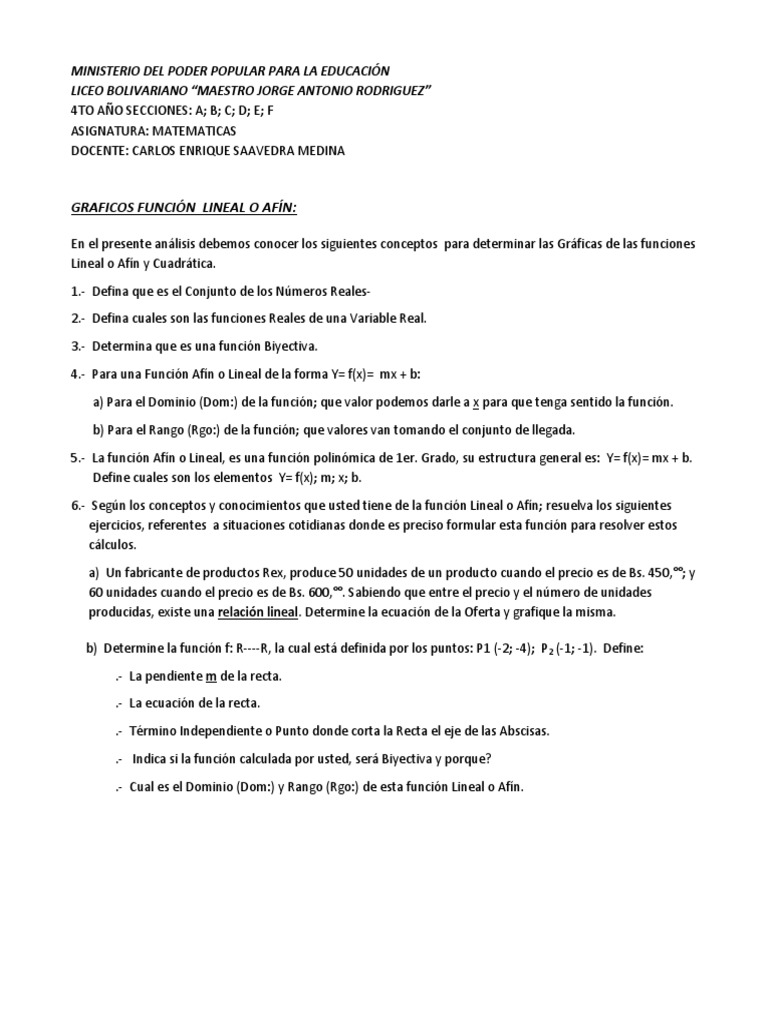 Matematica 4to Año 2do Lapso | PDF | Función (Matemáticas) | Línea (geometría)