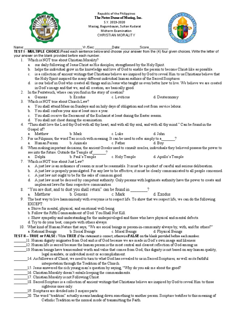 Christian Morality Midterm Exam Guide | PDF | Christian Ethics | God