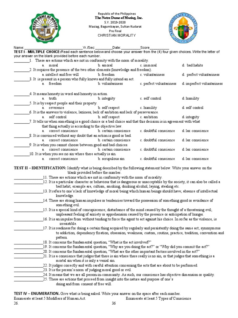 Christian Morality Prelim Exam | PDF | Conscience | Integrity