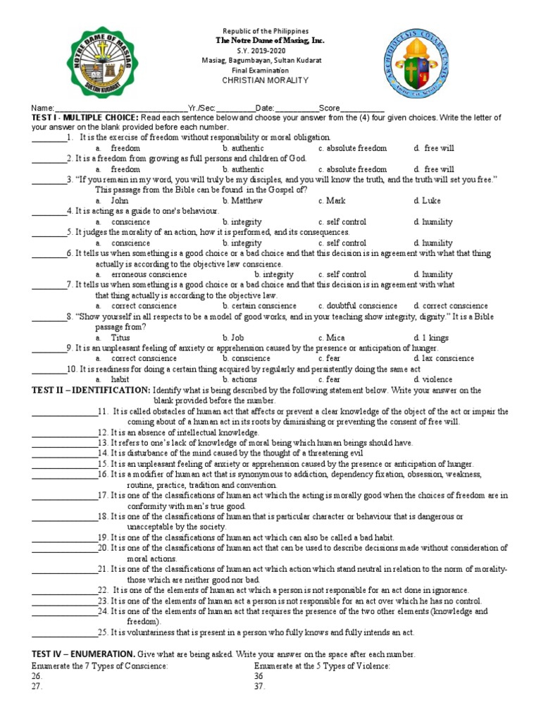 Christian Morality Final Exam Pdf Conscience Free Will