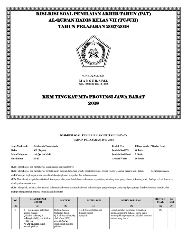 Kisi-Kisi Soal PAT Al-Qur'an Kelas VII | PDF