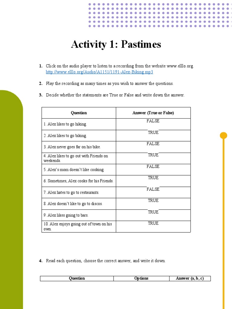 Activity 1: Pastimes: Answer (True or False) | PDF