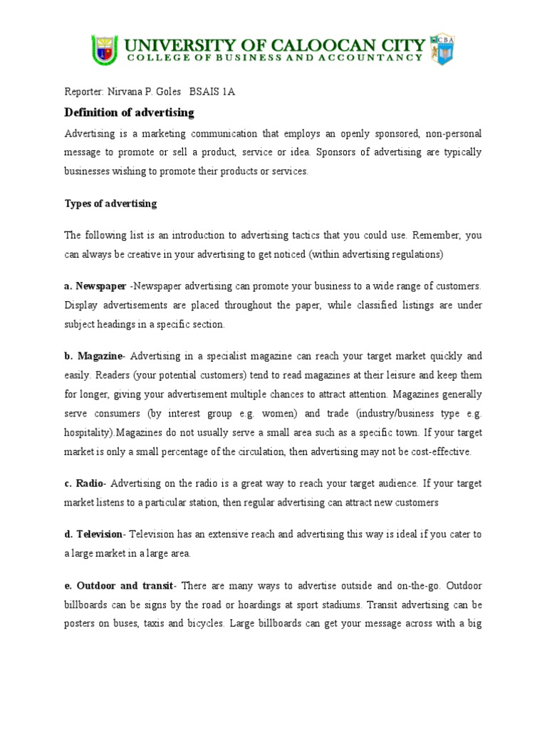 Definition of Advertising | PDF | False Advertising | Advertising