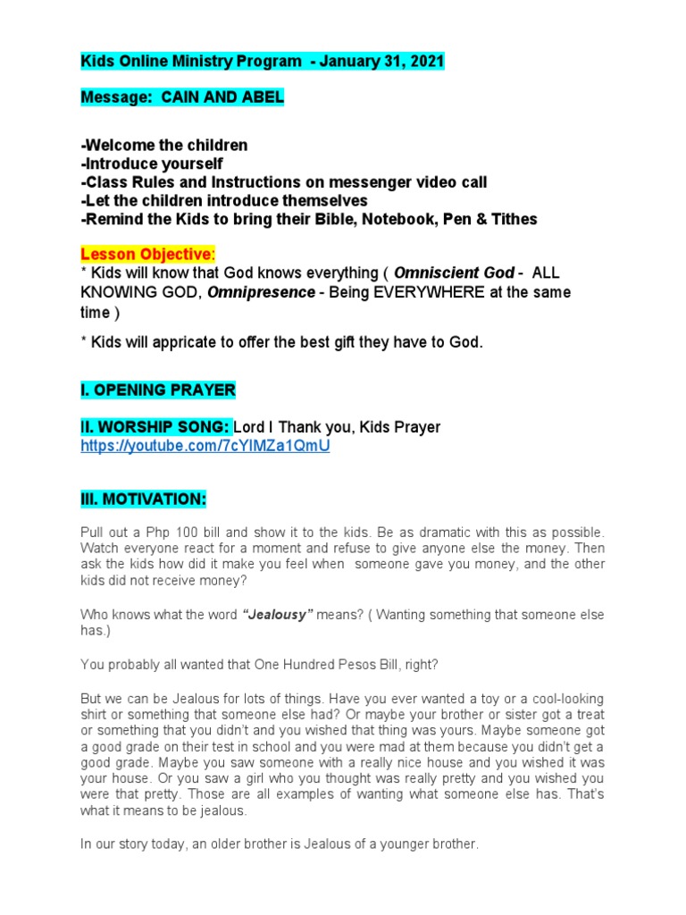 Lesson Plan 4 The Story of Cain and Aben Jan. 31 2021 | PDF | Cain And ...