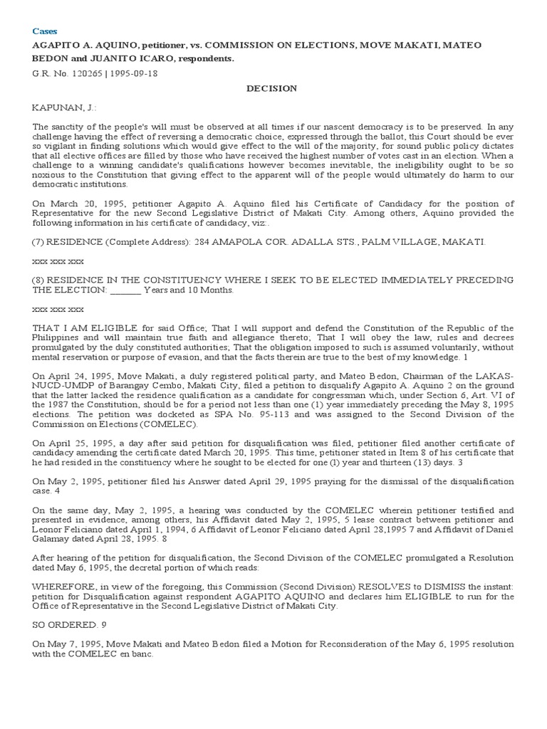 Aquino Vs Comelec 62 Scra 275 Case, Summary, Digest | PDF | Domicile ...