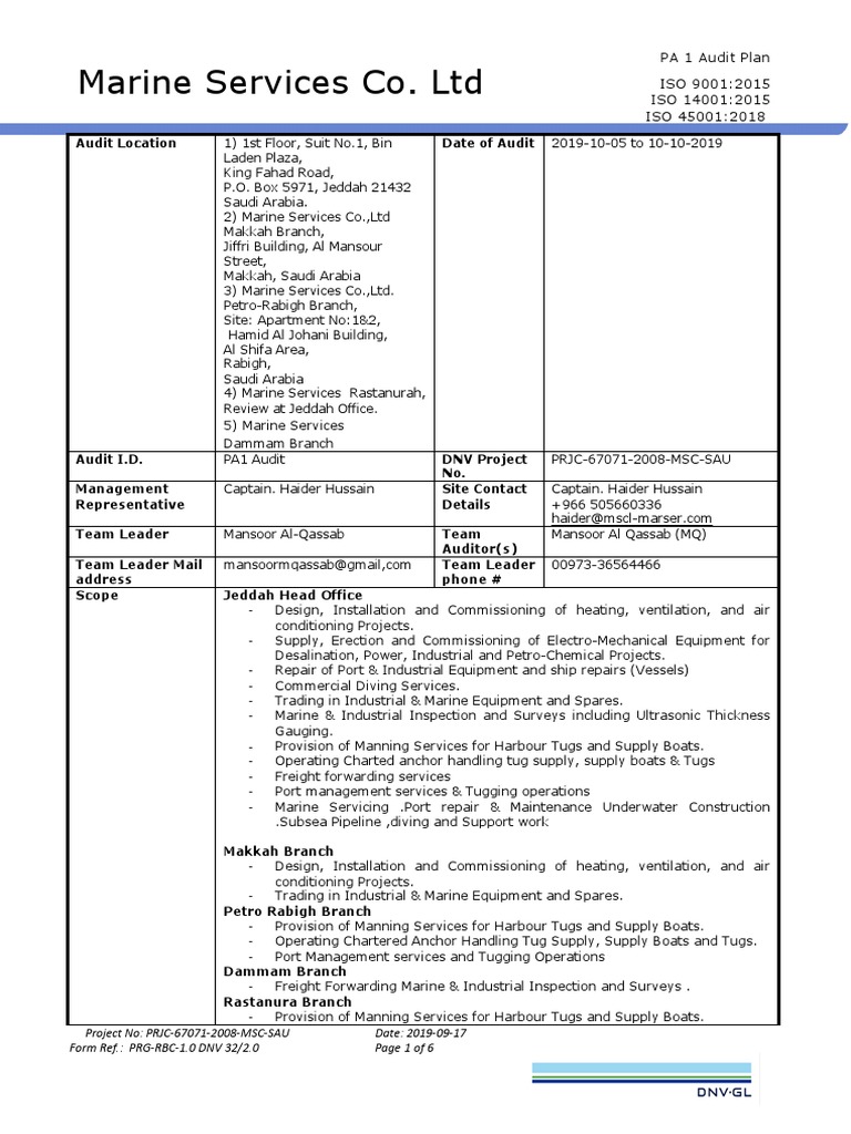 Marine Services Co. LTD: PA 1 Audit Plan ISO 9001:2015 ISO 14001:2015 ISO 45001:2018 | PDF ...