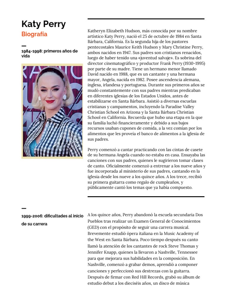 Biografía de Katy Perry: Orígenes y Éxitos | PDF | Musica Popular ...