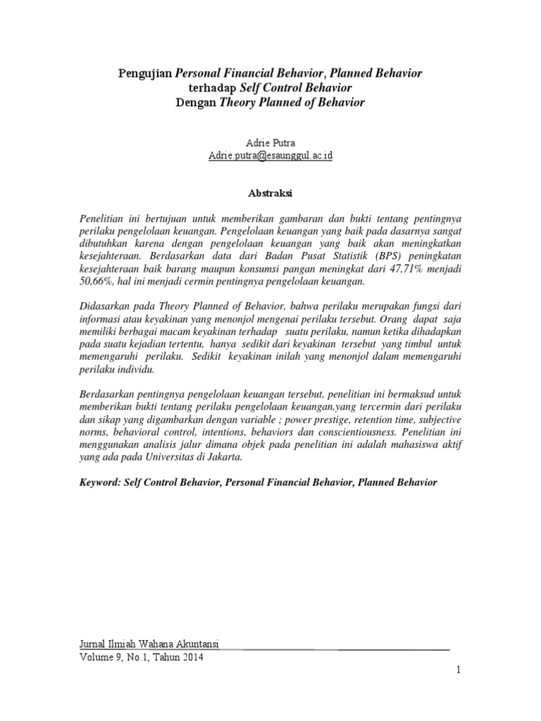 Pengujian Personal Financial Behavior, Planned Behavior Terhadap Self Control Behavior Dengan ...