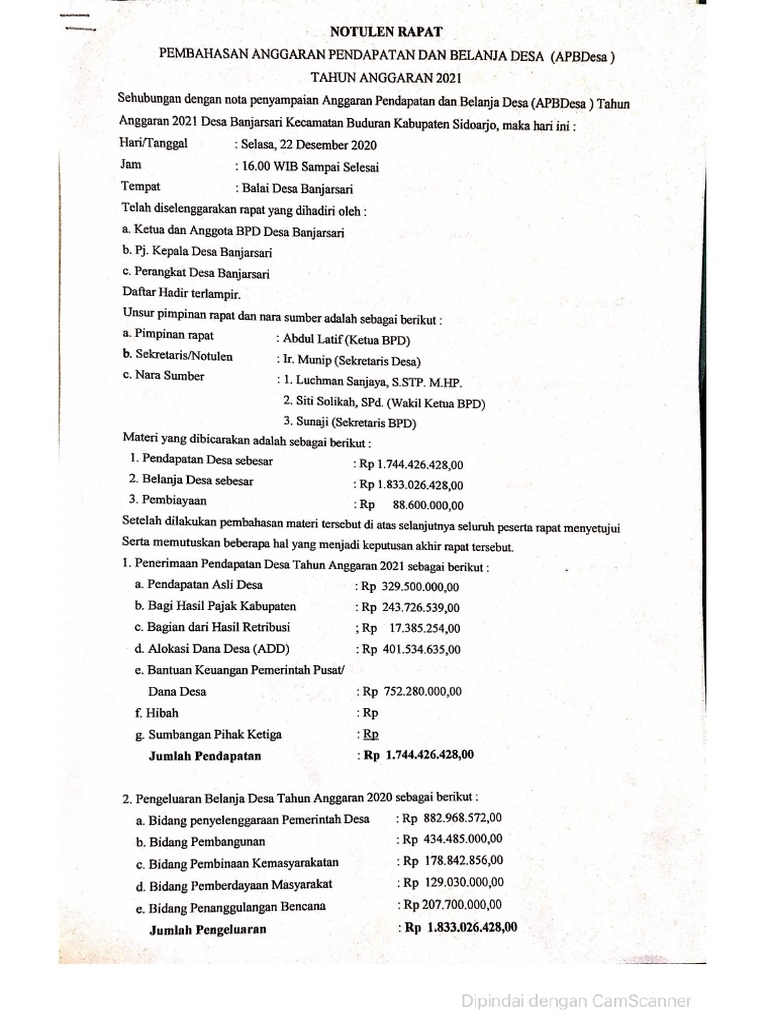 Notulen Rapat Pembahasan Apbdes | PDF
