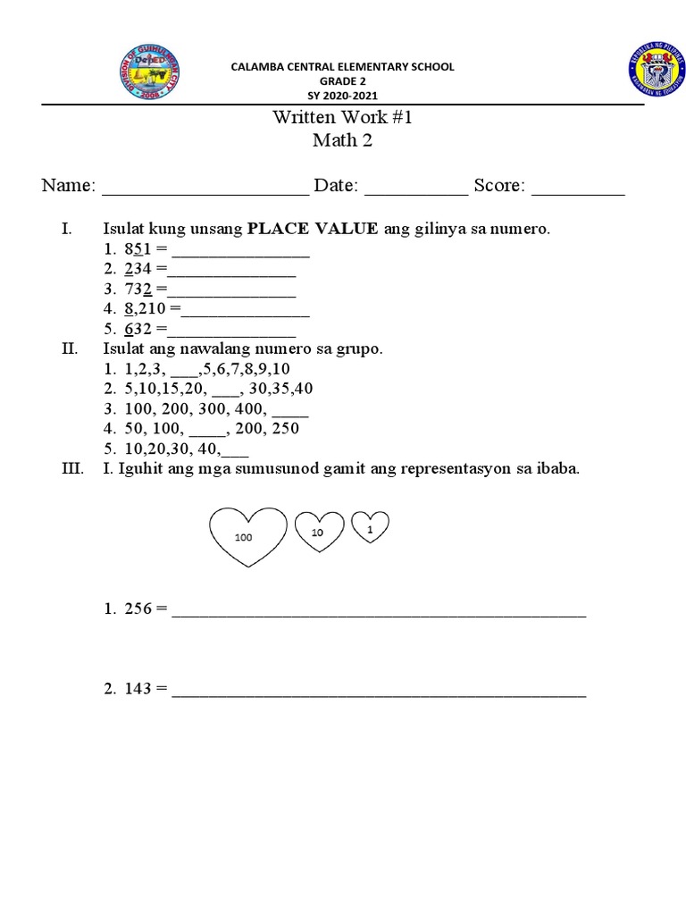 Grade2 Math WW q1 | PDF