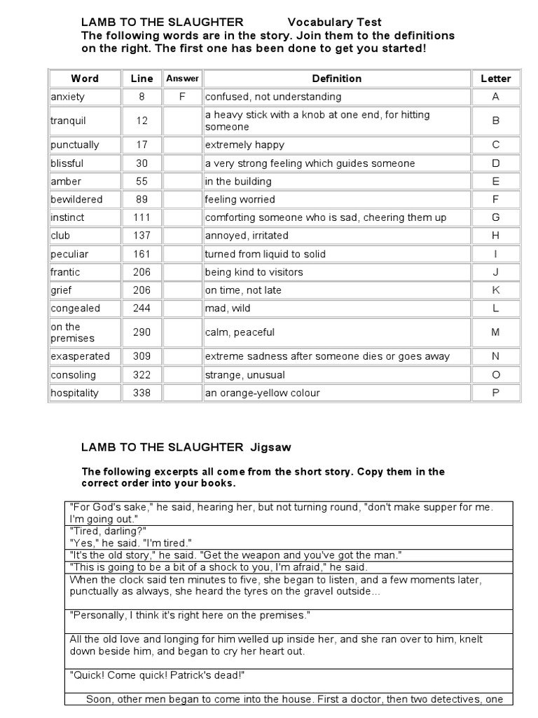 Vocabulary and Jigsaw Test for "Lamb to the Slaughter" | PDF