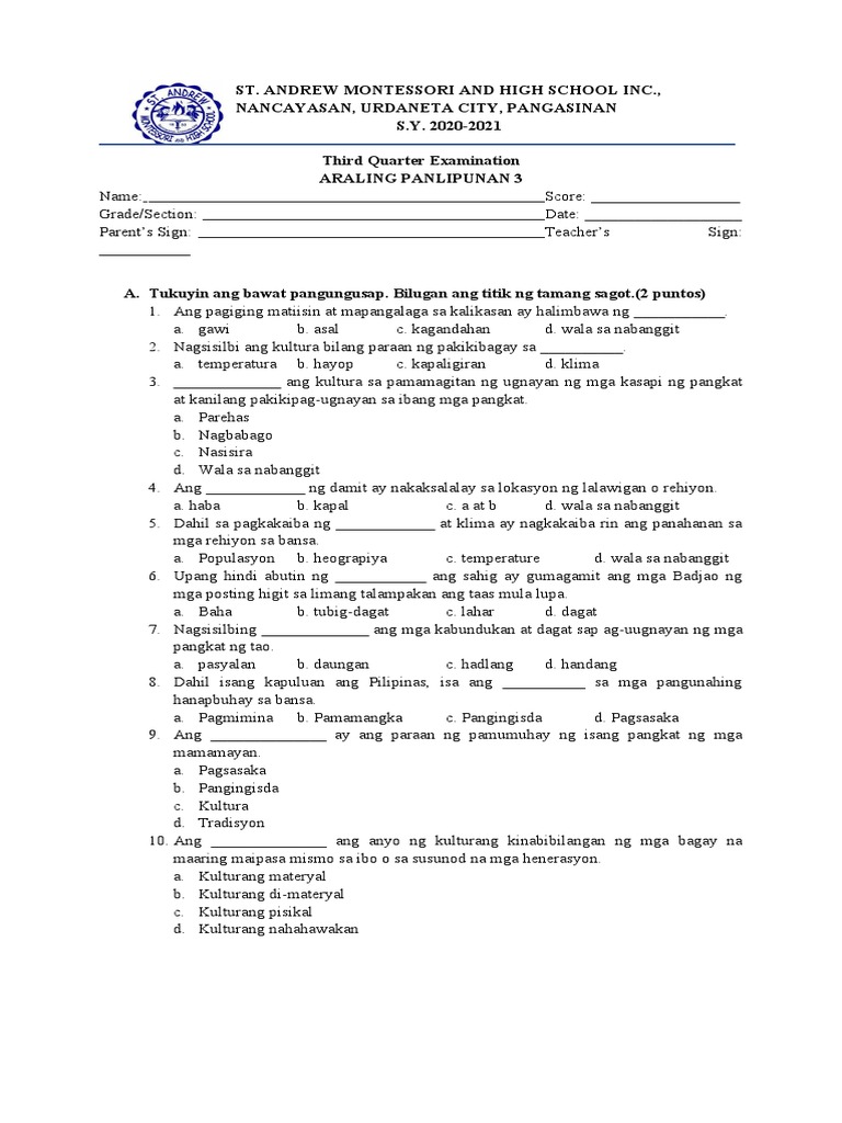 AP 3 Third Quarter Exam | PDF
