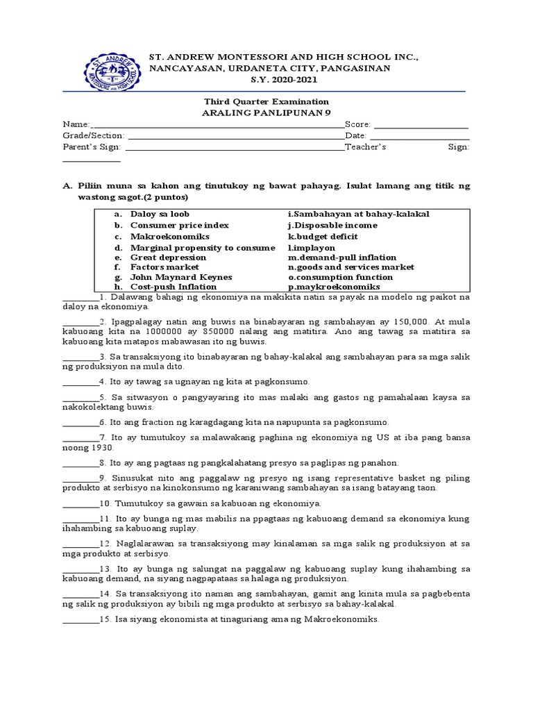 AP 9 Third Quarter Exam | PDF