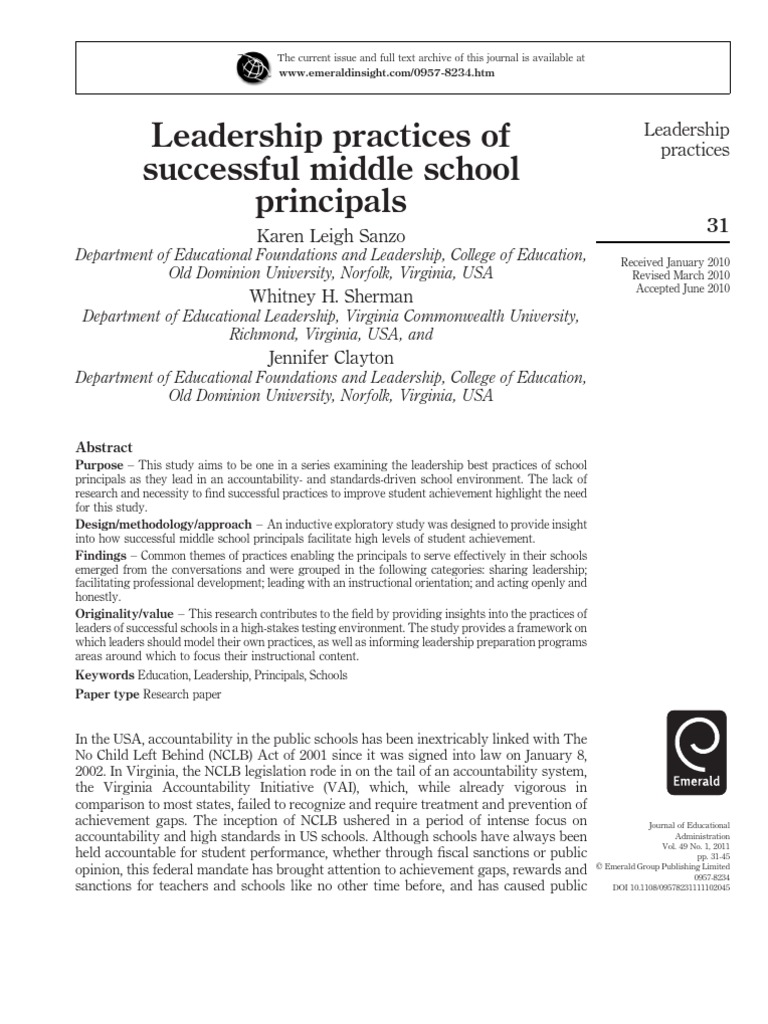 Leadership Practices of Successful Middle School Principals | Download ...