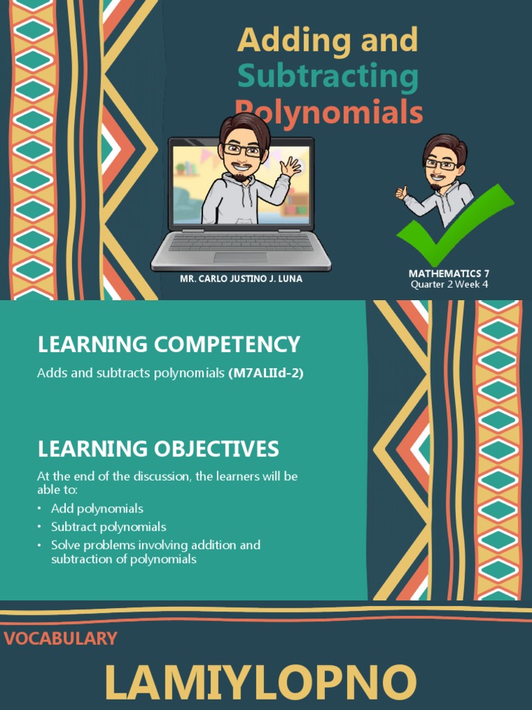 Math 7 Q2W4b - Adding and Subtracting Polynomials | PDF | Polynomial | Computational Science