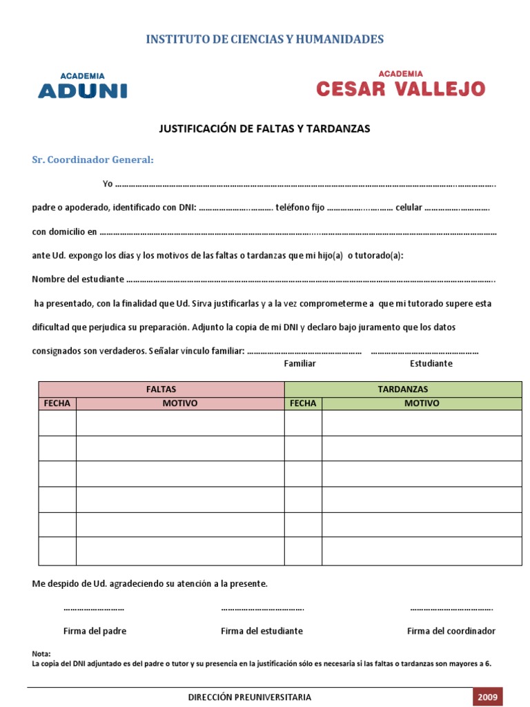 Justificacion Faltas Tardanzas | PDF