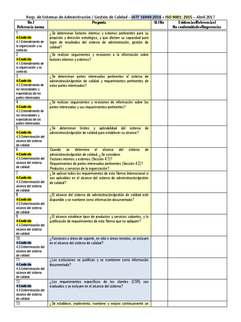 01 - CHECKLIST 414 Debes IATF+ISO 9001 2015 | PDF | Sistema de manejo ...