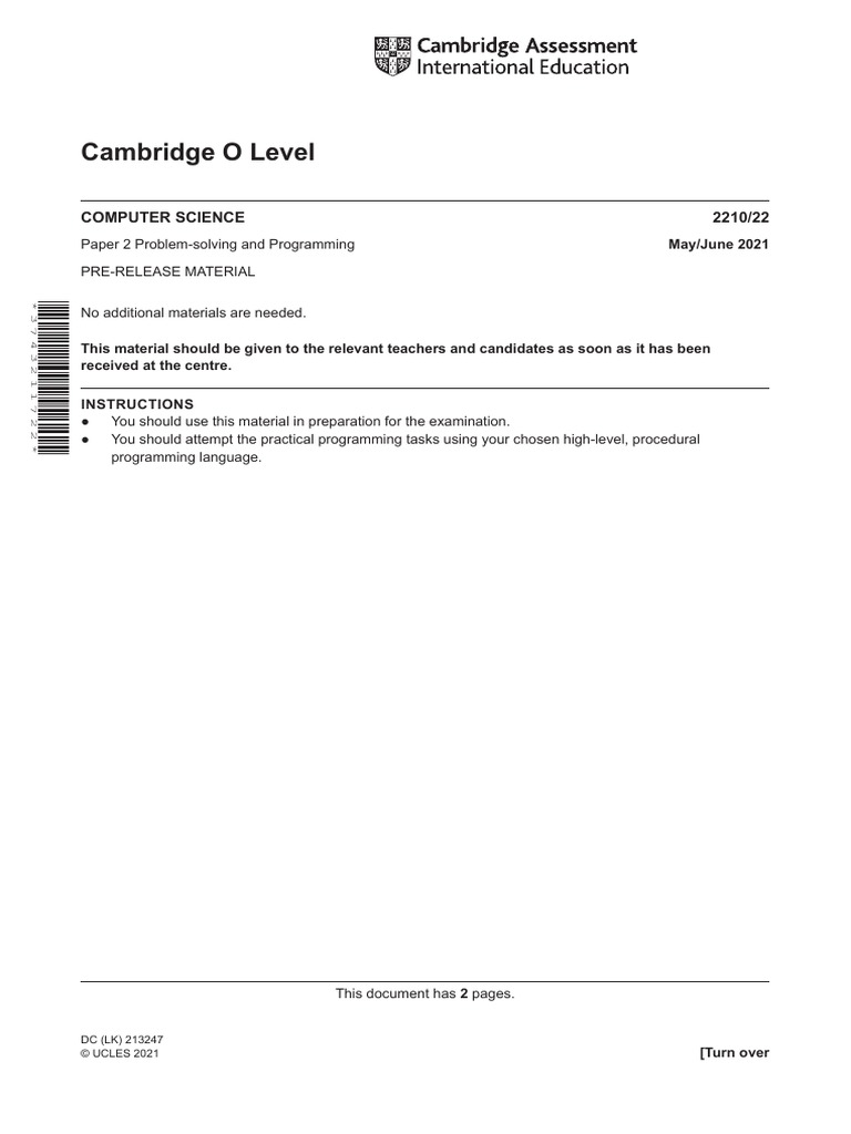 Cambridge O Level: Computer Science 2210/22 | PDF