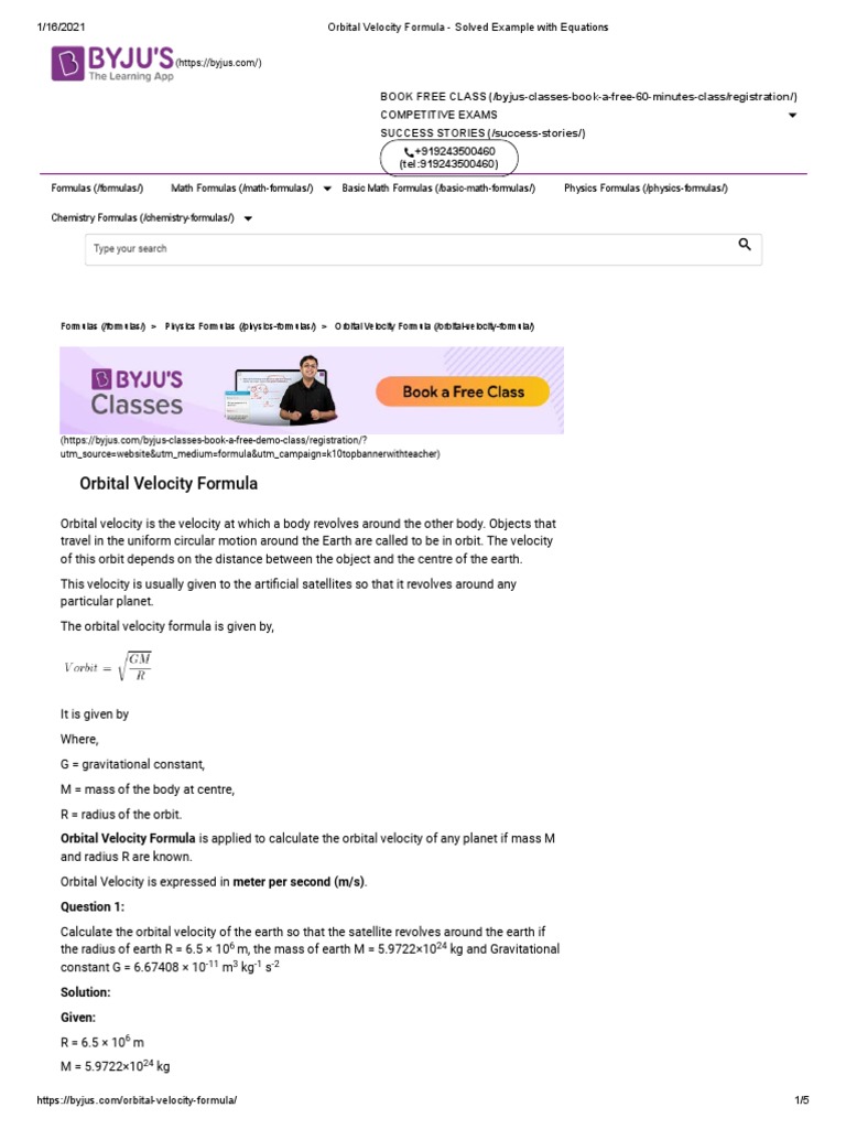 Orbital Velocity Formula Solved Example With Equations Pdf Orbit