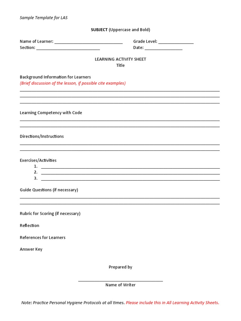 Sample Template For Learning Activity Sheet LAS MAPEH | PDF
