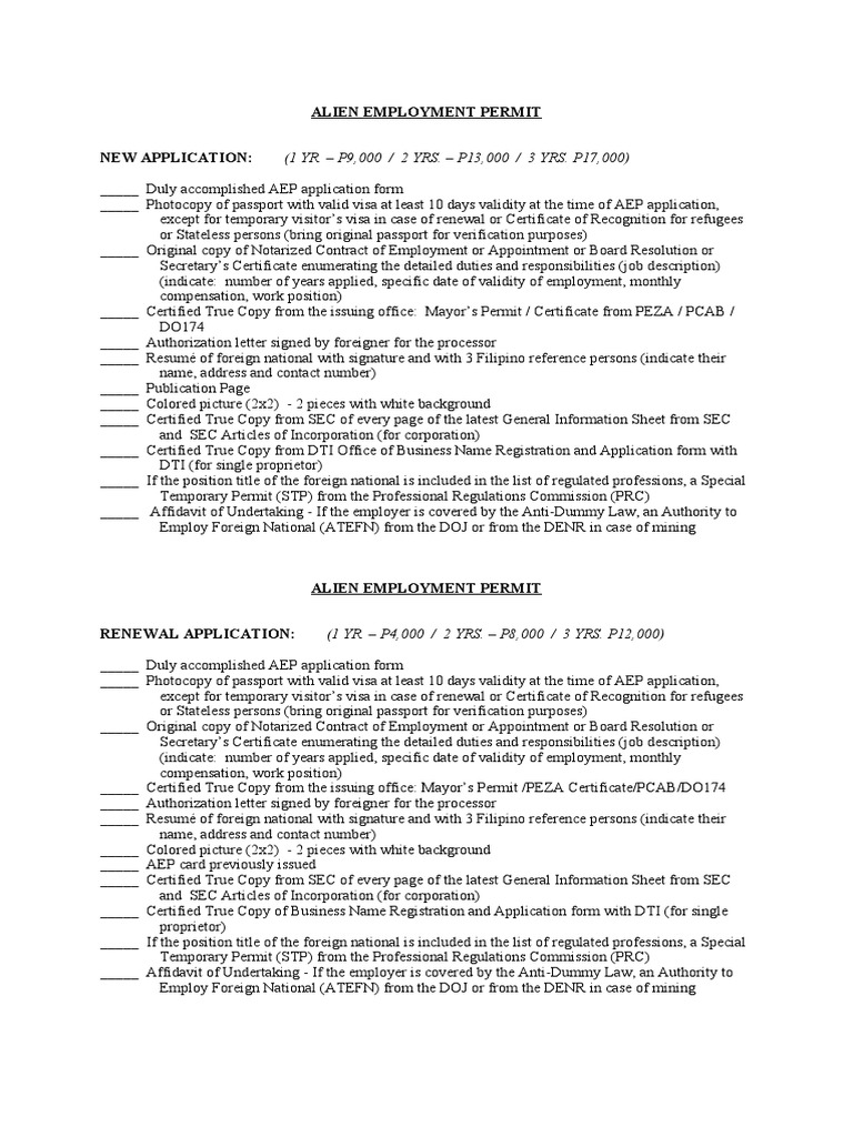 AEP REQUIREMENTS - New & Renewal | PDF | Travel Visa | Passport