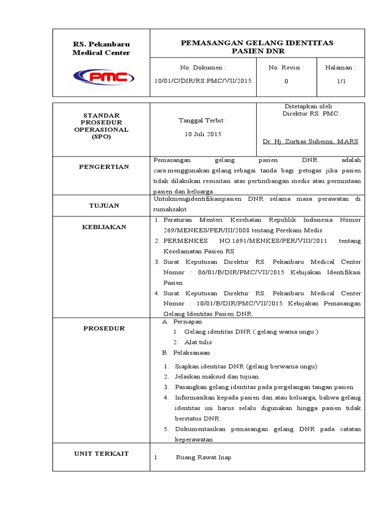 SPO Pemasangan Gelang Identifikasi Pasien DNR | PDF