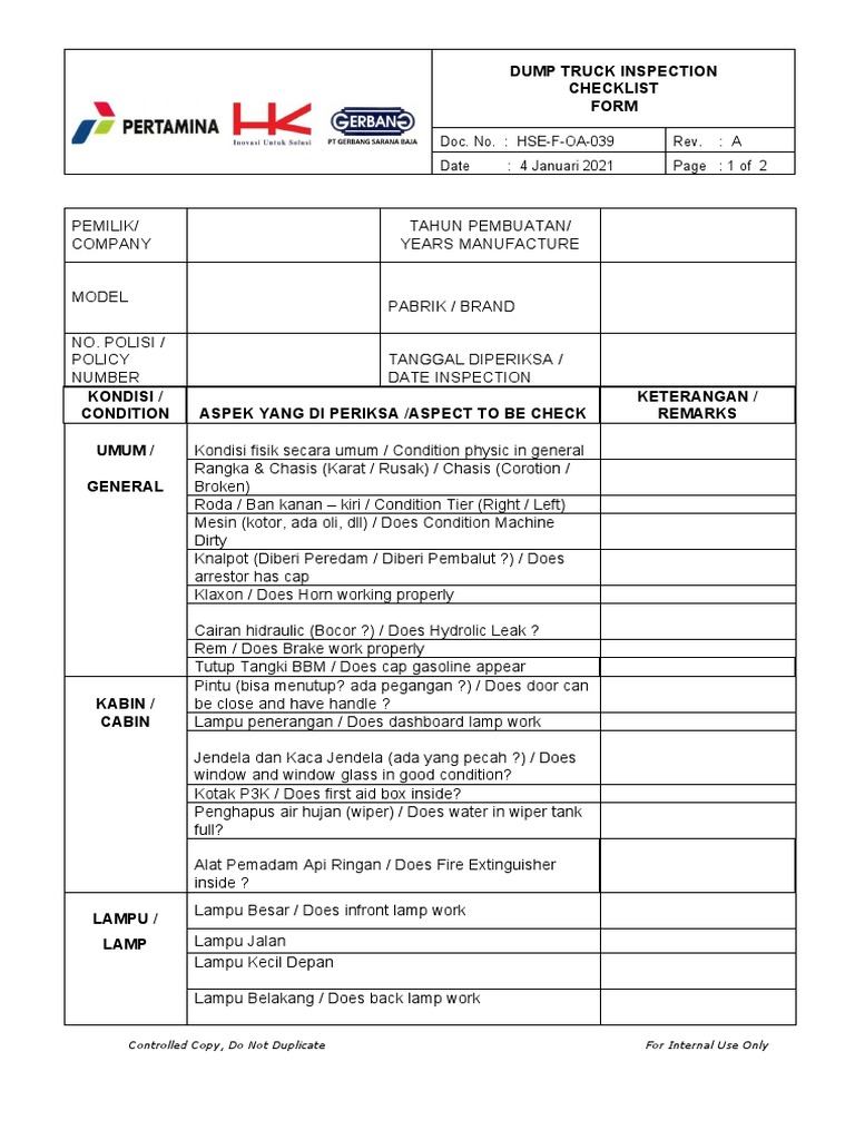 HSE-F-OA-039, DUMP TRUCK INSPECTION FORM Revisi A | PDF | Vehicle ...