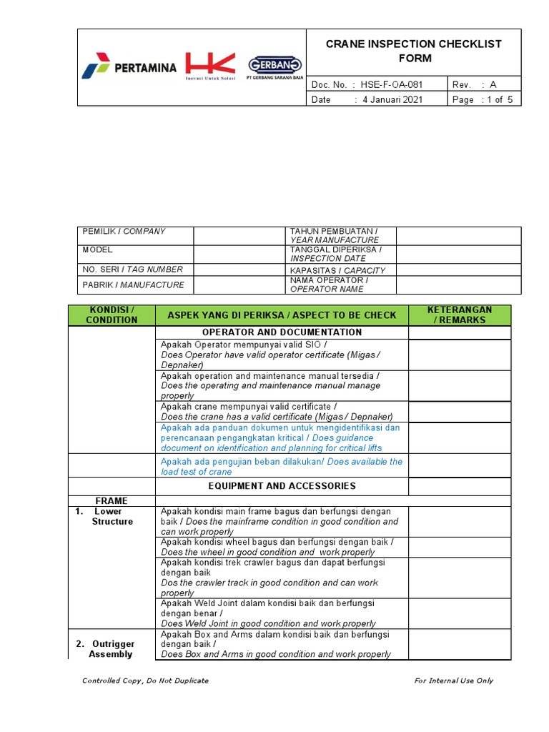 HSE-F-OA-081, CRANE INSPECTION CHECKLIST FORM Revisi A | PDF
