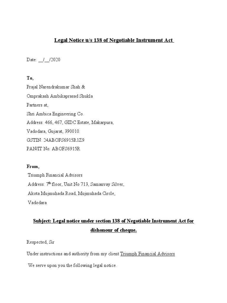 Legal Notice U/s 138 of Negotiable Instrument Act | PDF | Cheque ...