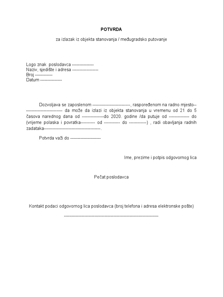 Obrazac Potvrde Poslodavca Za Zaposlenog (Kretanje U Termin... | PDF