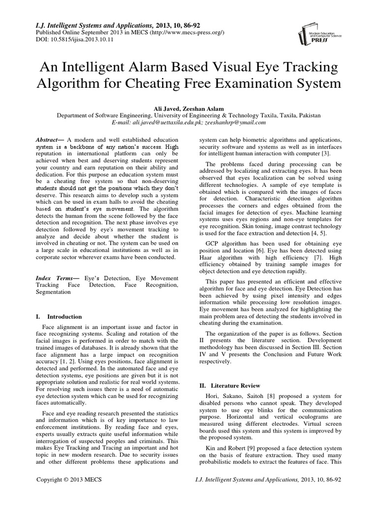 An Intelligent Alarm Based Visual Eye Tracking Algorithm For Cheating ...