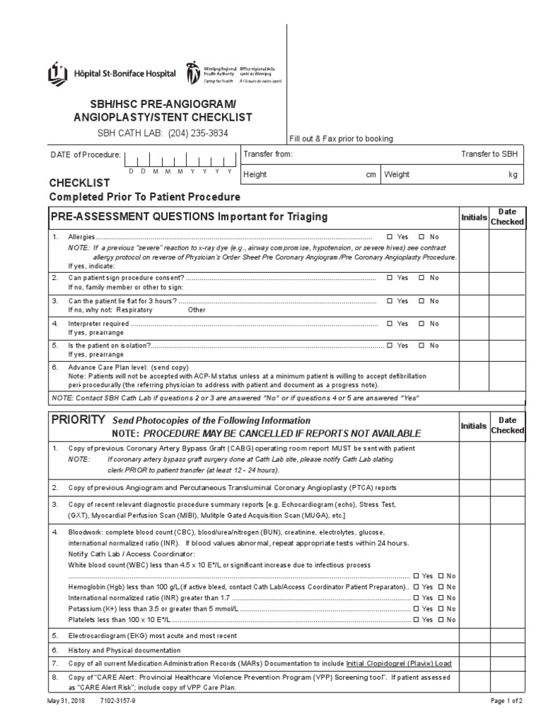 SBH/HSC Pre-Angiogram/ Angioplasty/Stent Checklist | PDF | Percutaneous ...