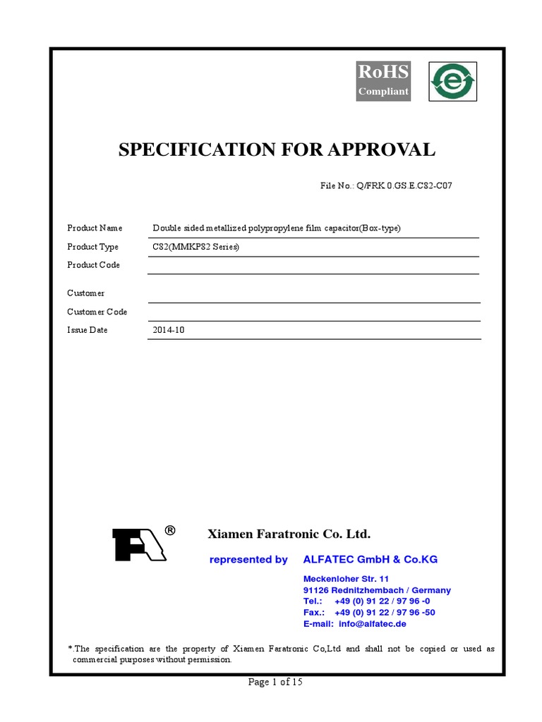 C82 MMKP82 Specification Alfatec | PDF | Capacitor | Force