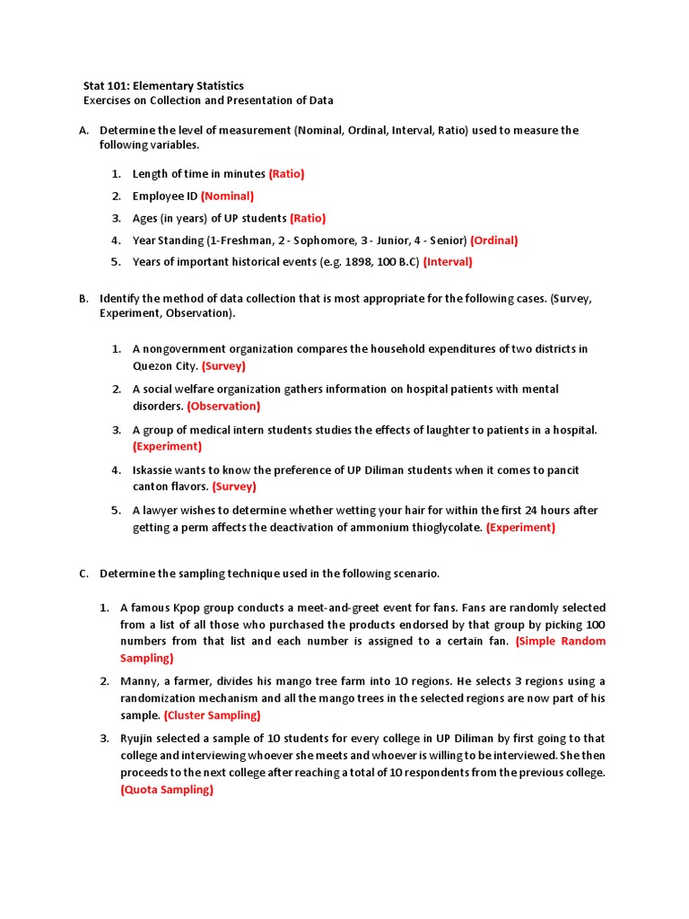 Chapter 2 Exercises (With Answers) | PDF | Sampling (Statistics ...