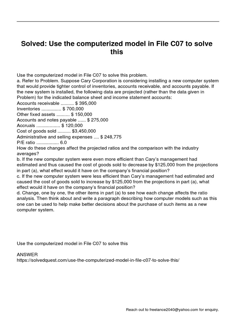 Use The Computerized Model in File c07 To Solve This | PDF | Cost Of ...