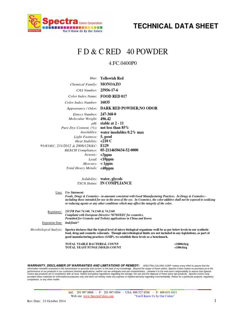 F D & C Red 40 Powder: Technical Data Sheet | PDF | Cosmetics ...