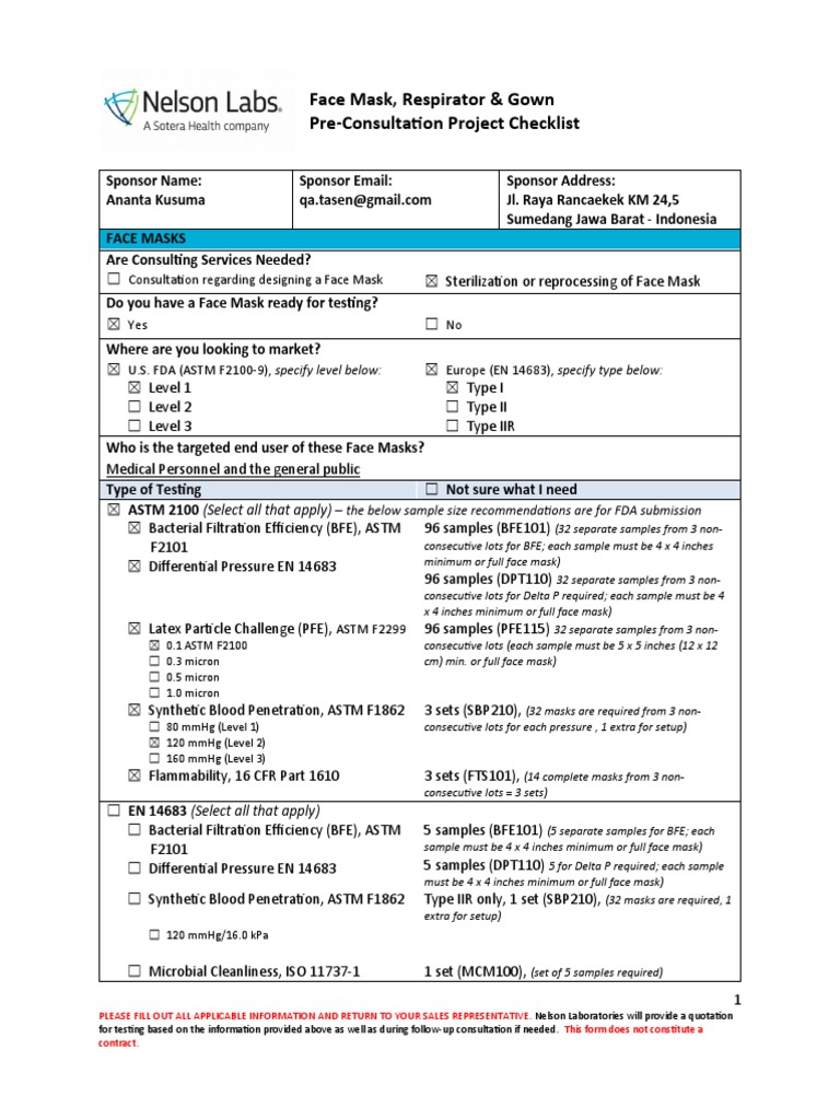 Face Mask, Respirator & Gown Pre-Consultation Project Checklist | PDF ...