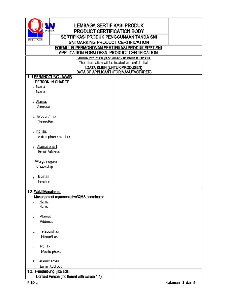 F10 - Rev A - 28082015 Formulir Permohonan Sertifikasi Produk SPPT SNI ...